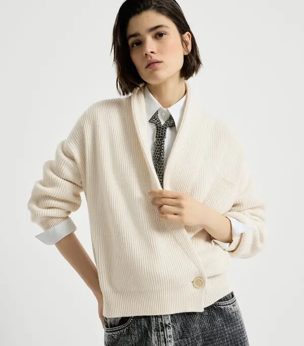 Brunello Cucinelli Cashmere English Rib Asymmetric Cardigan