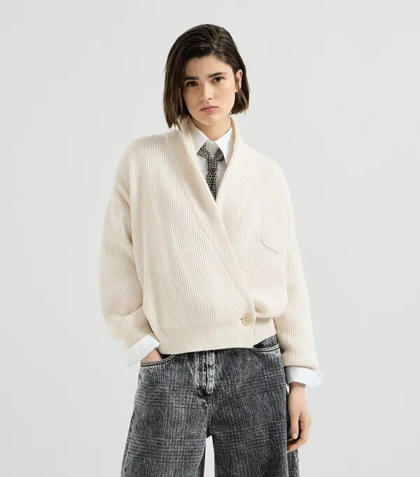 Brunello Cucinelli Cashmere English Rib Asymmetric Cardigan
