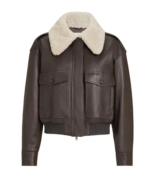Brunello Cucinelli Nappa Leather Shearling Collar Aviator Jacket