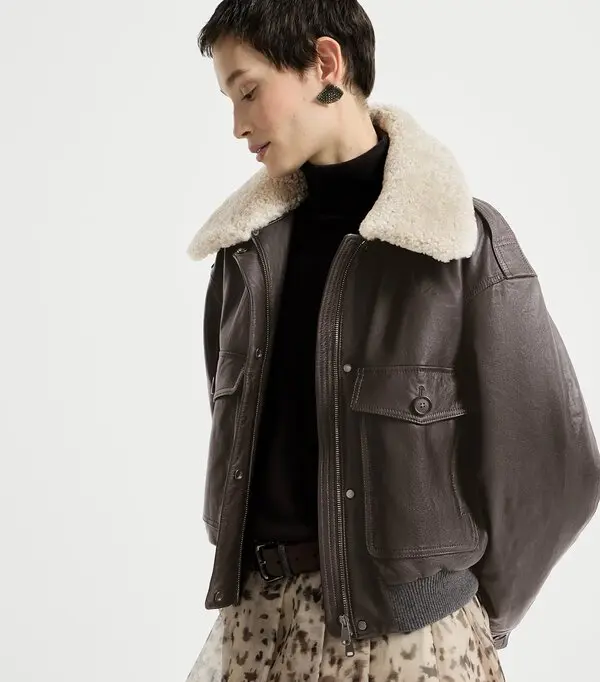 Brunello Cucinelli Nappa Leather Shearling Collar Aviator Jacket