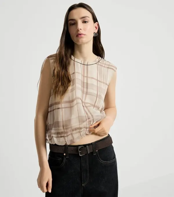 Brunello Cucinelli Silk Check Sleeveless Top