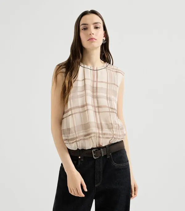 Brunello Cucinelli Silk Check Sleeveless Top