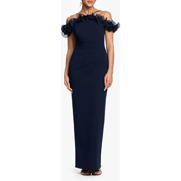 XSCAPE EVENINGS Wire Ruffle Cold Shoulder Sheath Gown