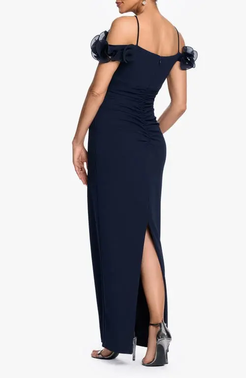 XSCAPE EVENINGS Wire Ruffle Cold Shoulder Sheath Gown