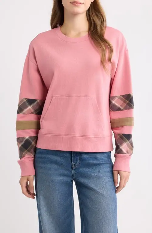 CITY BLUES Plaid Sleeve Crewneck Sweatshirt - Orchid