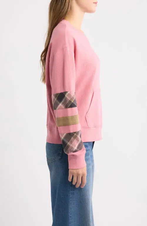 CITY BLUES Plaid Sleeve Crewneck Sweatshirt - Orchid