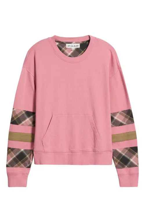 CITY BLUES Plaid Sleeve Crewneck Sweatshirt - Orchid