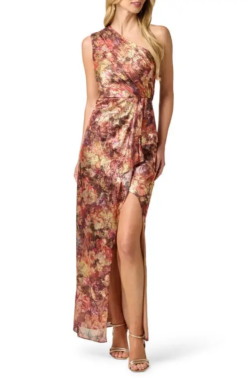 Adrianna Papell Metallic Floral One-shoulder Chiffon Gown