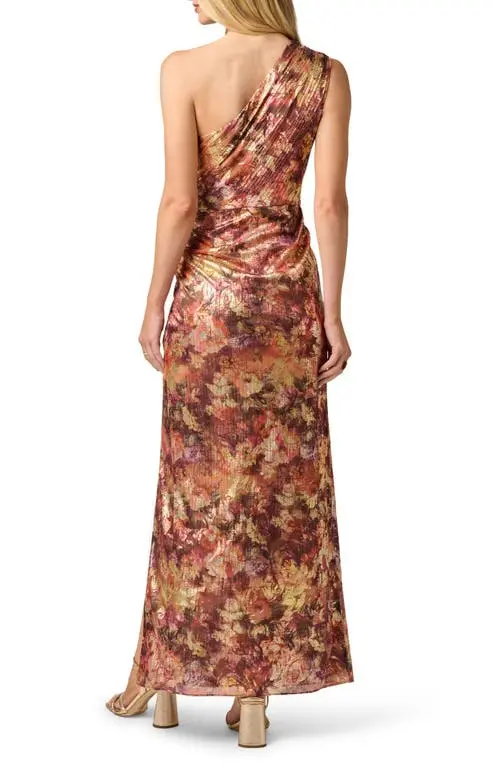 Adrianna Papell Metallic Floral One-shoulder Chiffon Gown
