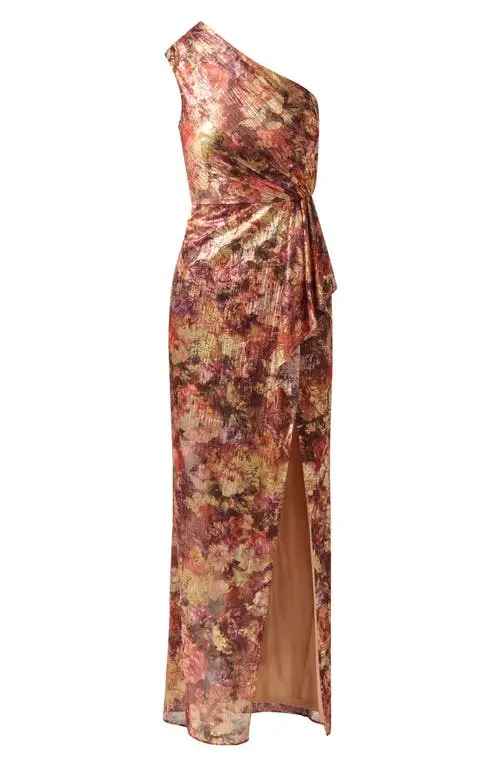 Adrianna Papell Metallic Floral One-shoulder Chiffon Gown