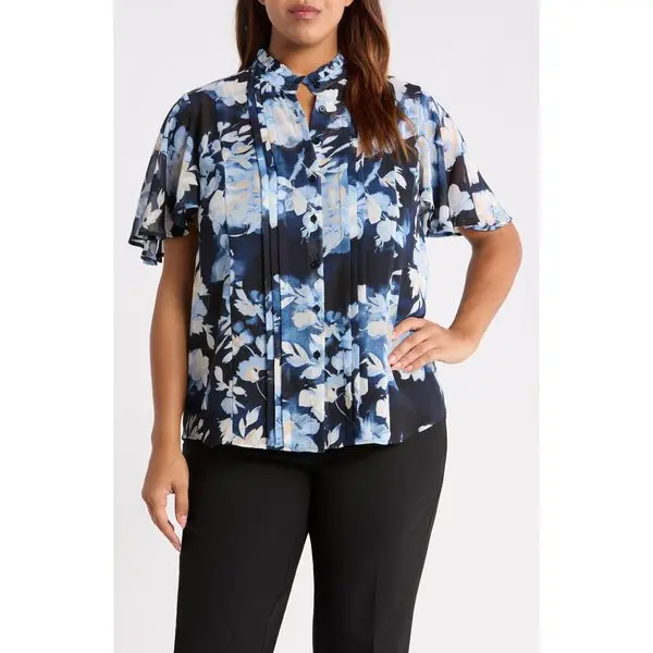 Anne Klein Pleated Flutter Sleeve Shirt - Dutch Blue Multi
