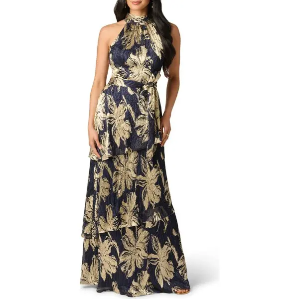 Adrianna Papell Floral Metallic Plissé Gown