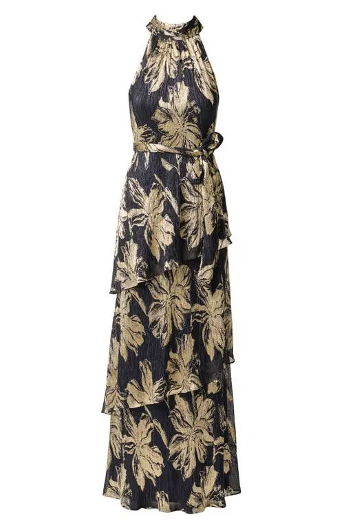 Adrianna Papell Floral Metallic Plissé Gown