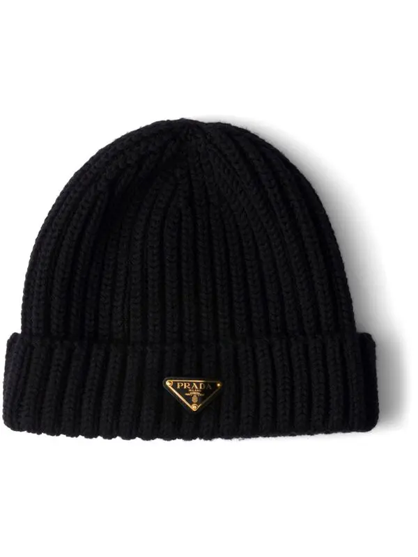Prada Ribbed Wool Beanie With Logo Detail - Multicolor