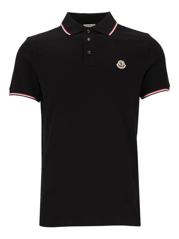 Moncler Cotton Pique Polo Shirt With Tricolour Trim - Black