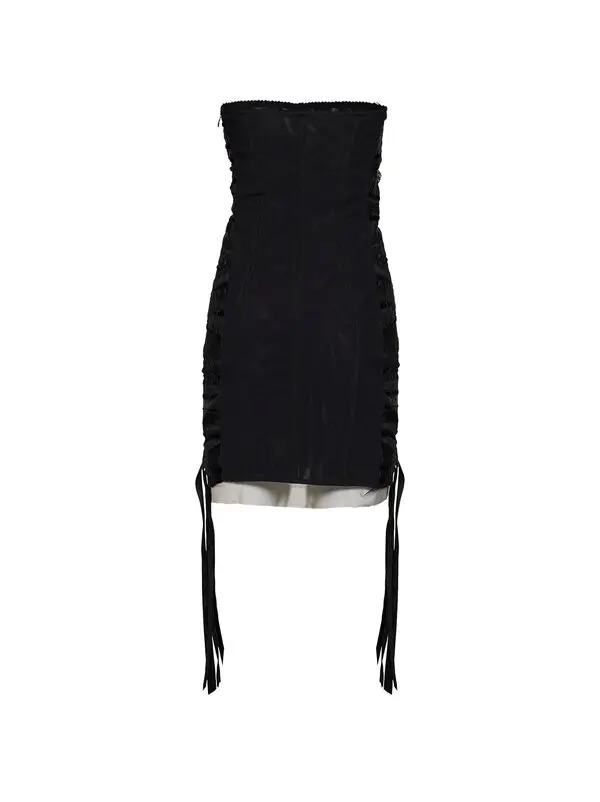 Attico Black Tulle Bustier Mini Dress With Fringe Tapes