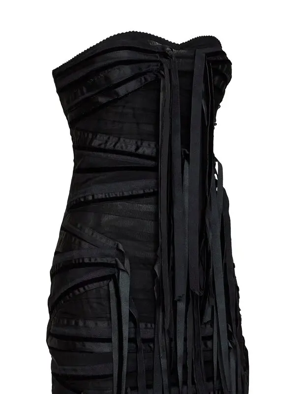 Attico Black Tulle Bustier Mini Dress With Fringe Tapes