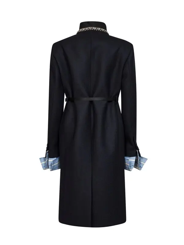 Prada Abbigliamento Blue Virgin Wool Embroidered Belted Coat