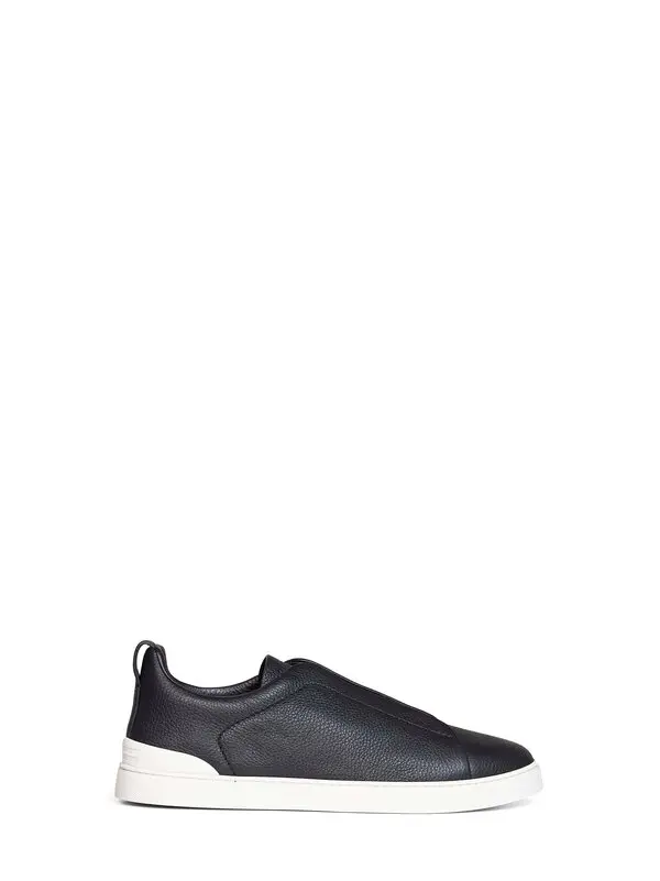 Zegna Navy Blue Grained Leather Triple Stitch Sneakers