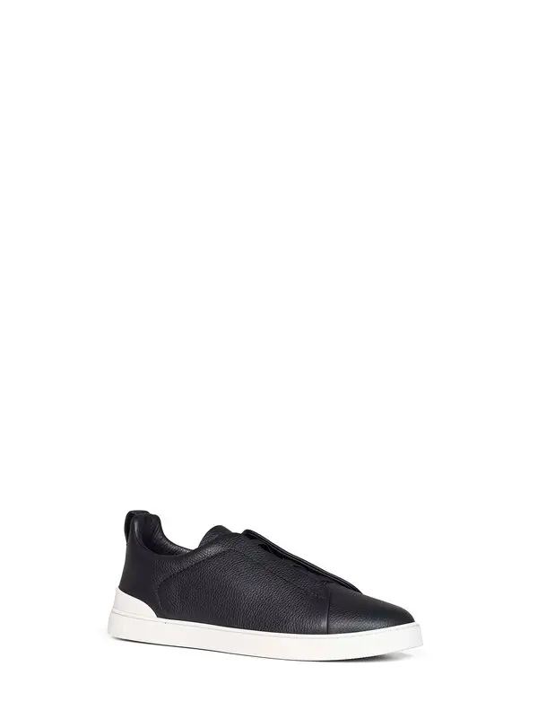 Zegna Navy Blue Grained Leather Triple Stitch Sneakers