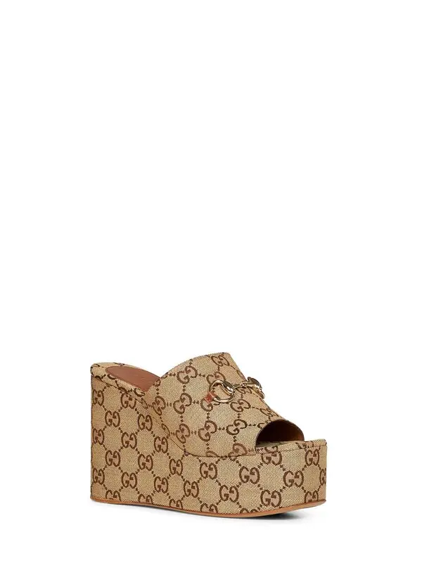 Gucci Beige And Dark Brown Horsebit Wedge Sandals