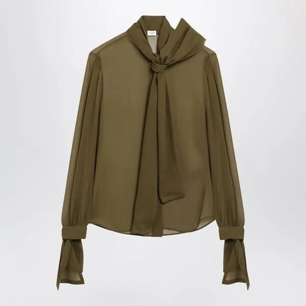 Saint Laurent Lavalliã¨re Blouse In Bronze Silk - Green