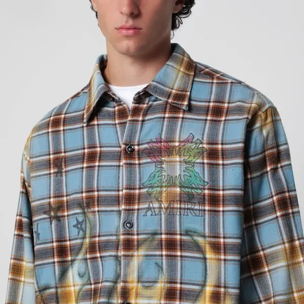 Amiri Ma Quad Bleached Blue Cotton Flannel Shirt