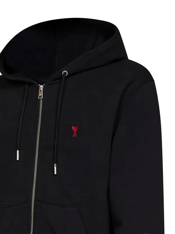 AMI Paris Black Cotton De Cœur Zip-up Hoodie