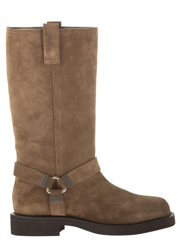 Brunello Cucinelli Suede Boots With Harness Strap And Ring Detail - Brown