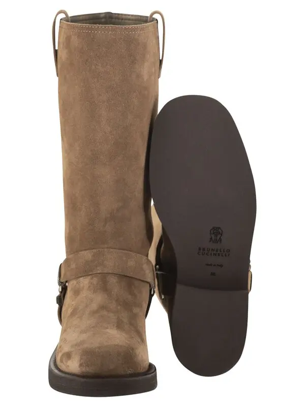 Brunello Cucinelli Suede Boots With Harness Strap And Ring Detail