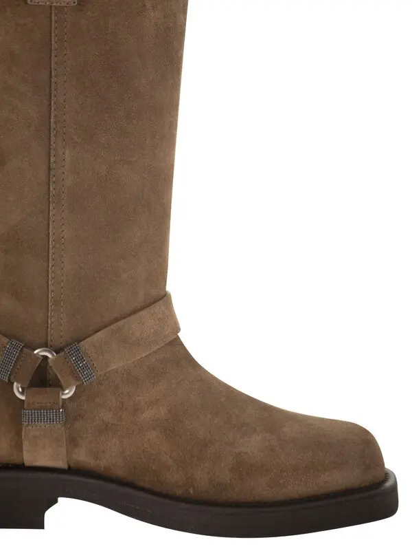 Brunello Cucinelli Suede Boots With Harness Strap And Ring Detail