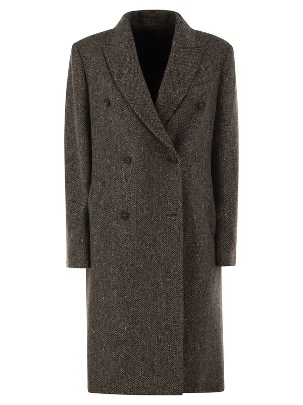 Brunello Cucinelli Double-breasted Herringbone Tweed Coat With Sequins