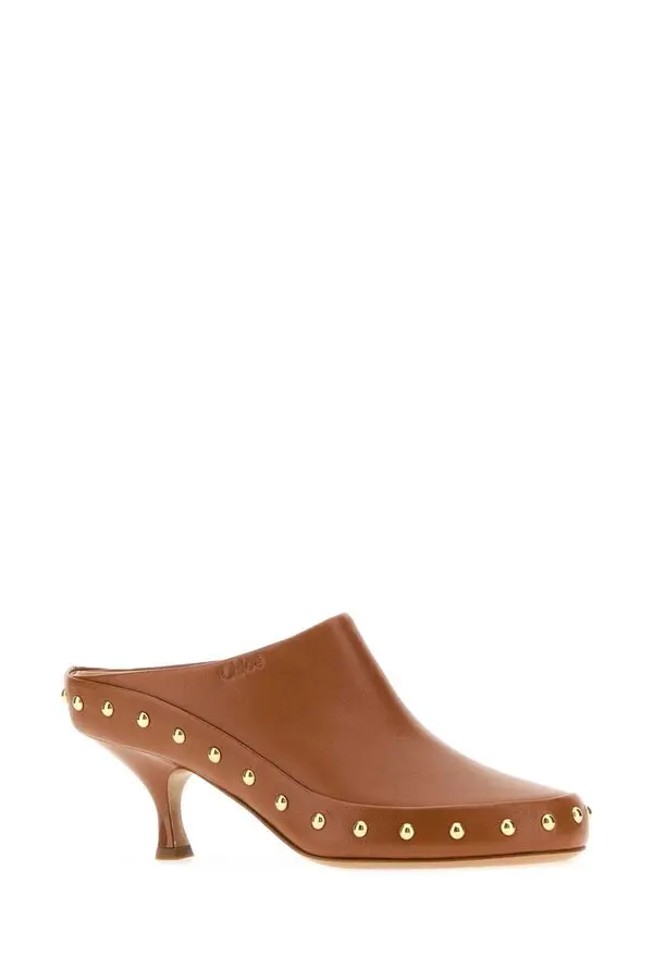 Chloé Camel Leather Studded Mules - Brown