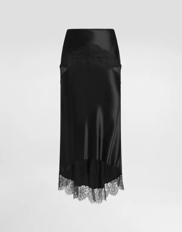 Dolce & Gabbana Silk Satin Lace Trim Skirt - Black