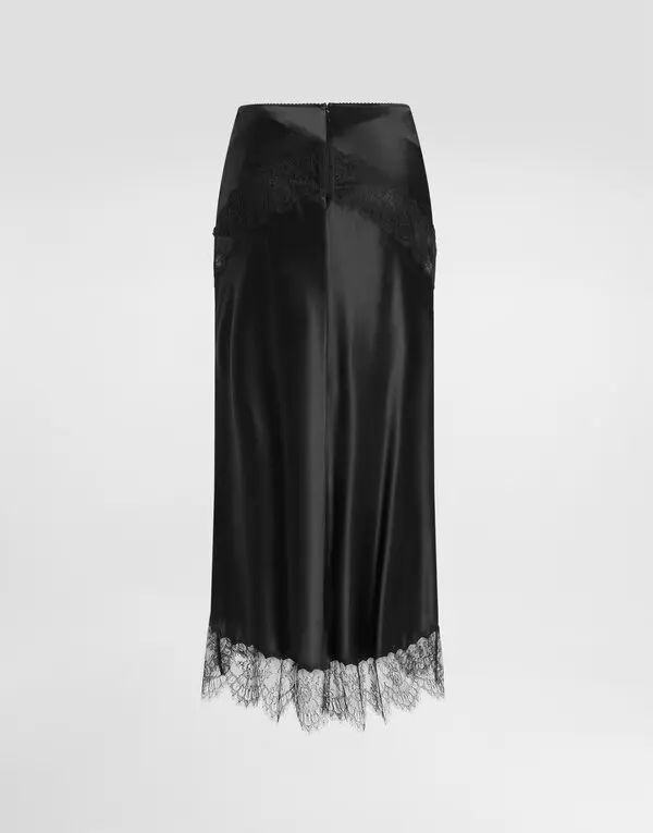 Dolce & Gabbana Silk Satin Lace Trim Skirt - Black