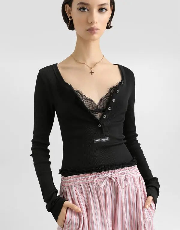 Dolce & Gabbana Ribbed Cotton Serafino T-shirt