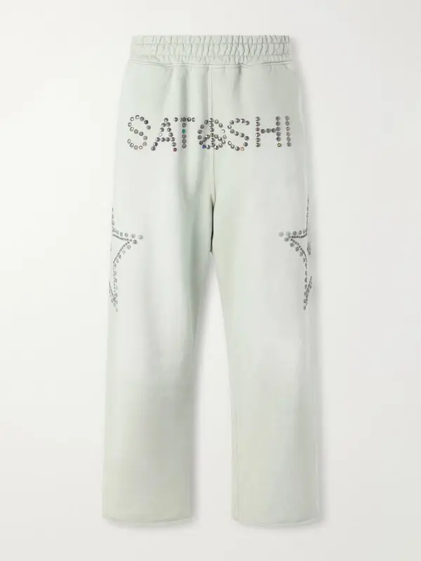 SATOSHI NAKAMOTO Wide-leg Studded Cotton-jersey Sweatpants - Green
