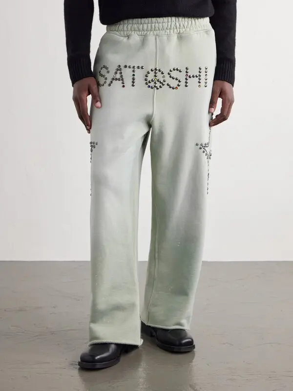 SATOSHI NAKAMOTO Wide-leg Studded Cotton-jersey Sweatpants - Green