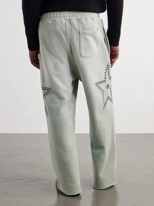 SATOSHI NAKAMOTO Wide-leg Studded Cotton-jersey Sweatpants - Green