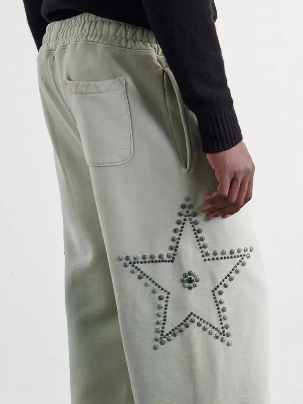 SATOSHI NAKAMOTO Wide-leg Studded Cotton-jersey Sweatpants - Green