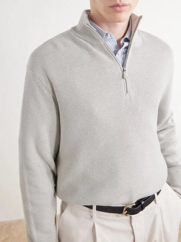 Ralph Lauren Purple Label Silk And Cotton-blend Half-zip Sweater - Gray