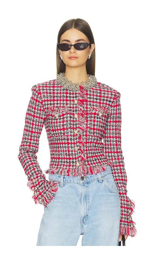 SELF-PORTRAIT Check Frayed Knit Jacket