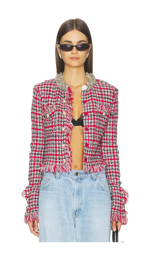 SELF-PORTRAIT Check Frayed Knit Jacket