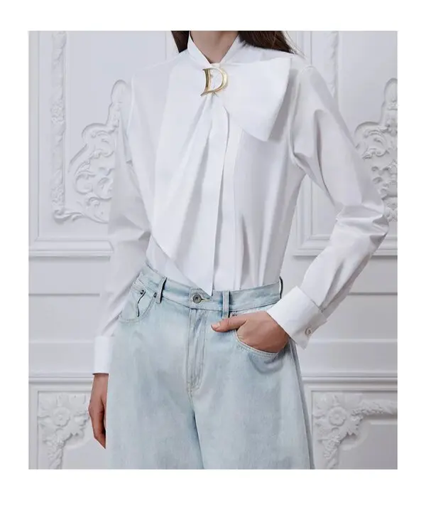 Dior Long-sleeved Shirt With Tie Collar And Gold Metal 'd' Emblem