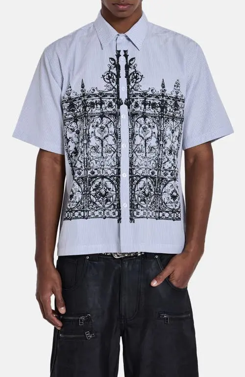 JADED LONDON Overprinted Pinstripe Short Sleeve Graphic Button-up Shirt