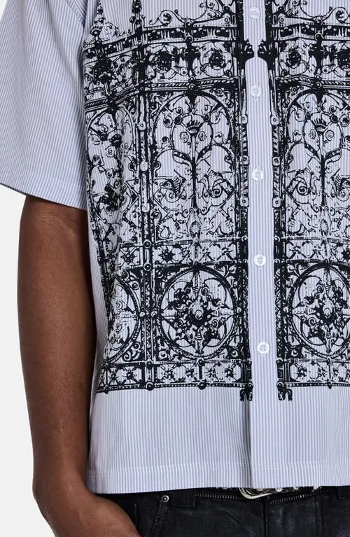 JADED LONDON Overprinted Pinstripe Short Sleeve Graphic Button-up Shirt