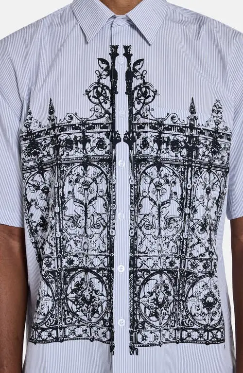 JADED LONDON Overprinted Pinstripe Short Sleeve Graphic Button-up Shirt