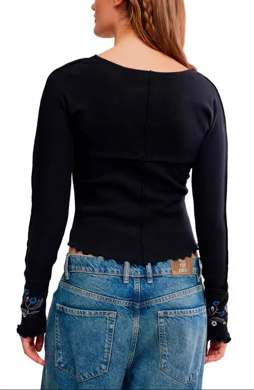 Free People Olivia Embroidered Long Sleeve Tee - Black Combo