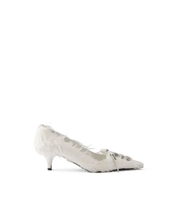 Prada Feather-embellished Satin Pumps - White
