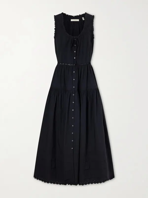 DÔEN Hortense Pintucked Embroidered Organic Cotton Midi Dress - Black